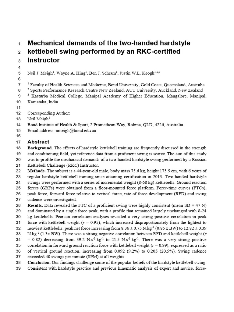 Mechanical Demands of The Two-Handed Hardstyle Kettlebell Swing | PDF ...