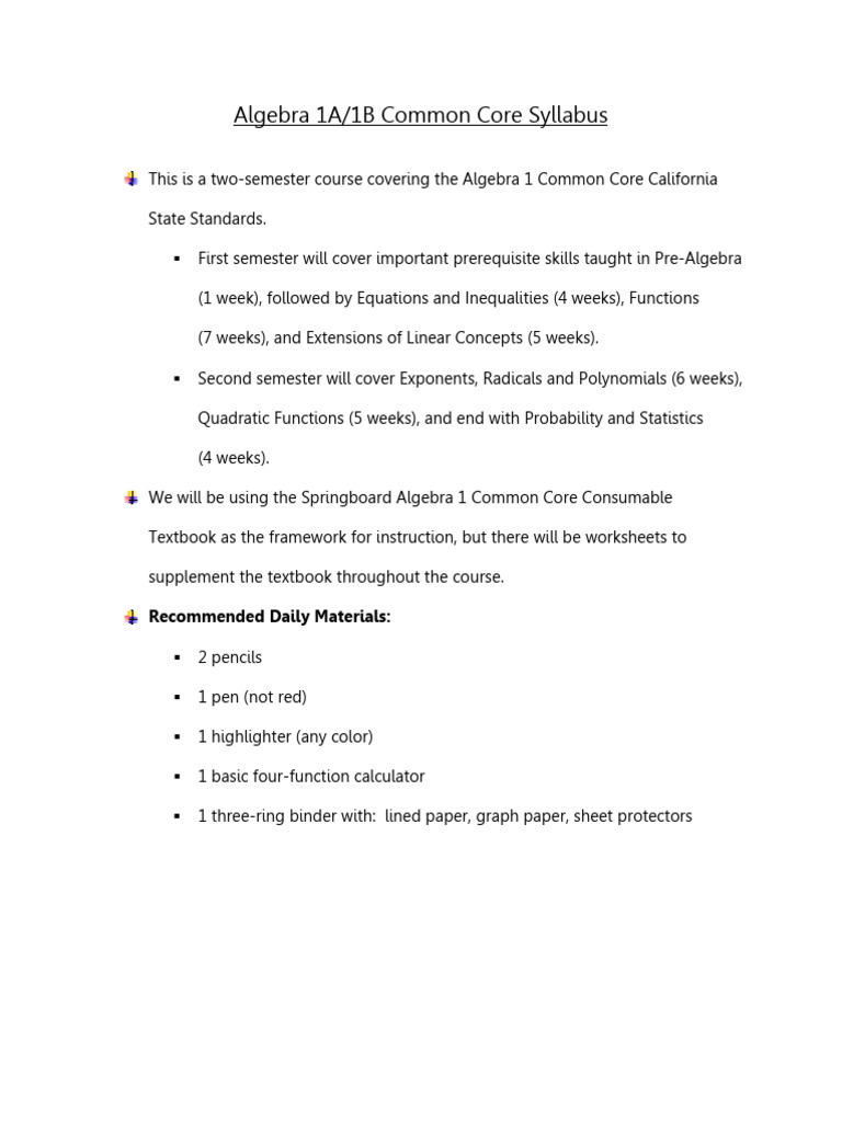 Algebra 1 Common Core Syllabus | PDF | Algebra
