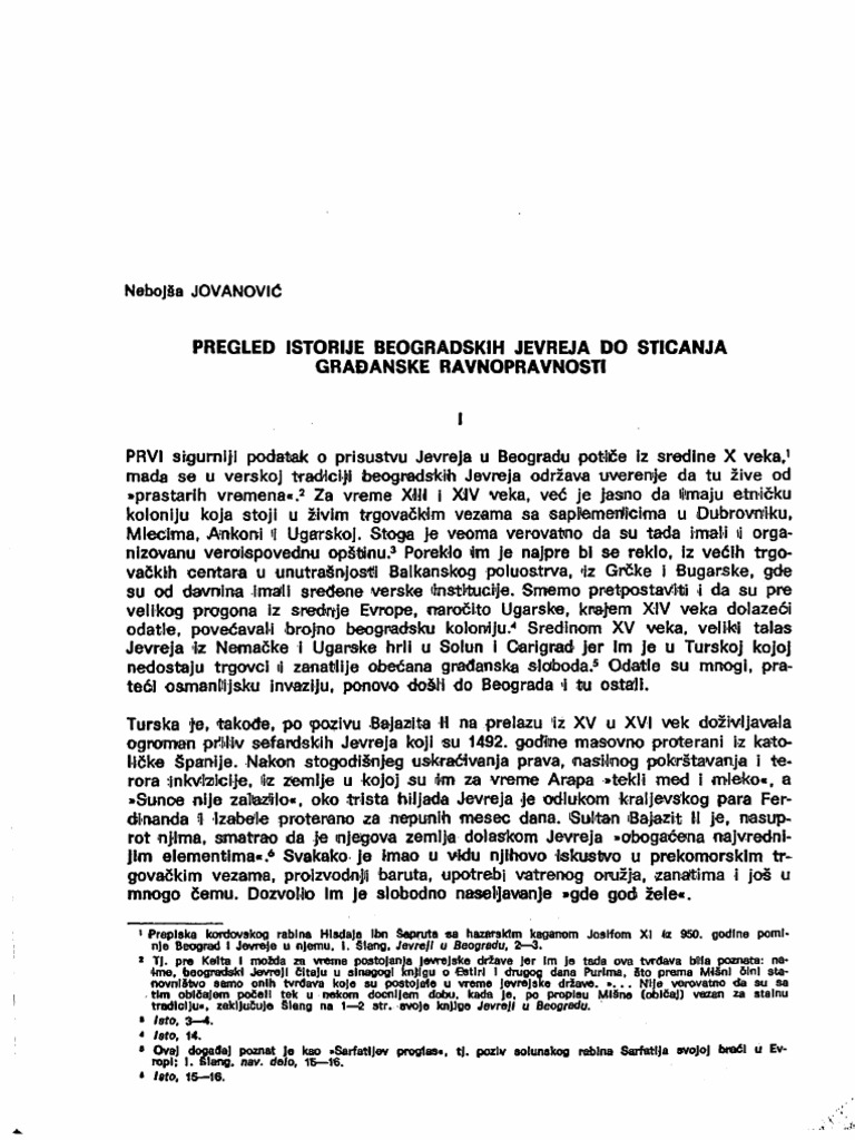 Pregled Istorije Beogradskih Jevreja Do Sticanja Građanske ...