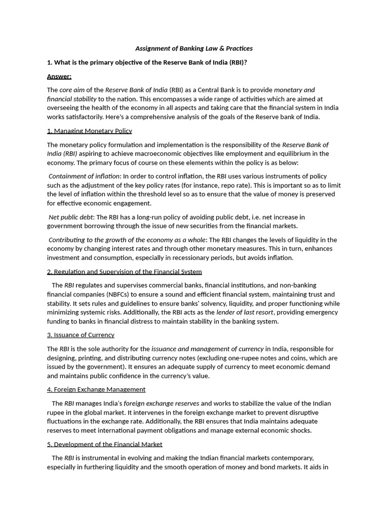 Assignment of Banking Law | PDF | Reserve Bank Of India | Central Banks