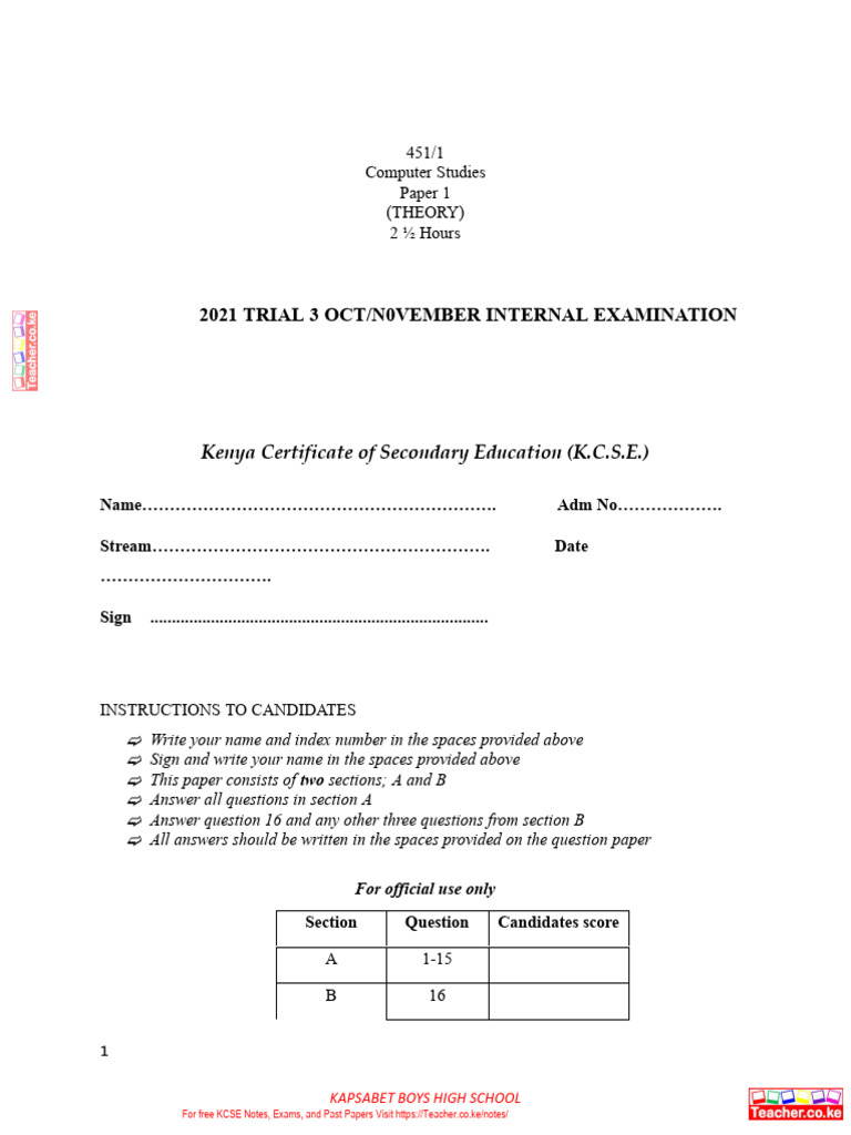 KAPSABET-HIGH-2022-TRIAL-3-451-F4-COMPUTER-P1-QS | PDF | Quadratic Equation | Computer Science