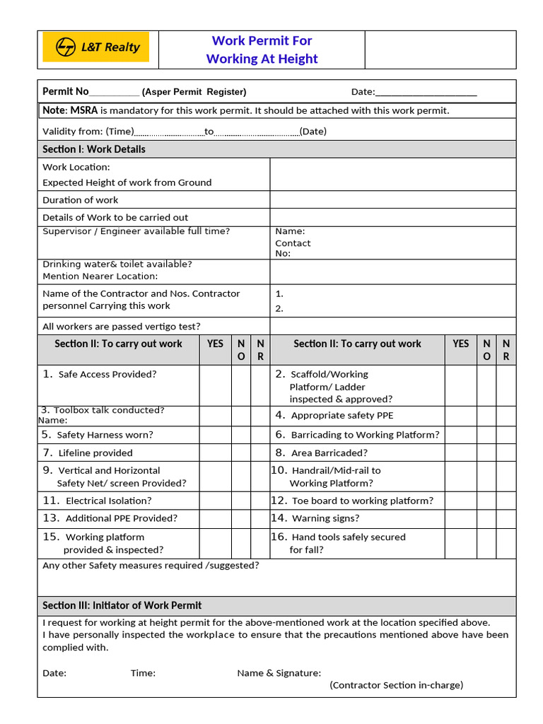 LTR Work Permit For Working at Height | PDF | Occupational Safety And ...