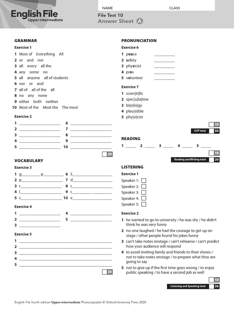 EF4e_uppint_filetest_10a_answer_sheet | PDF | Linguistics | Human ...