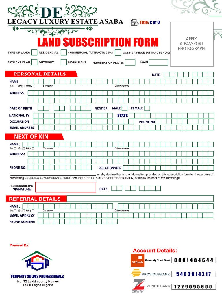 DE LEGACY LUXURY ESTATE SUBCRIPTION FORM | PDF