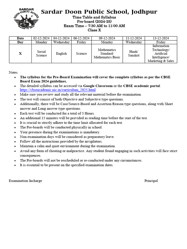 Class 10 PreBoard Syllabus-Timetable | PDF