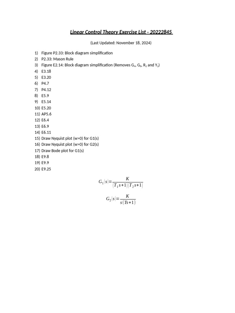Linear Control Theory Exercise List | PDF