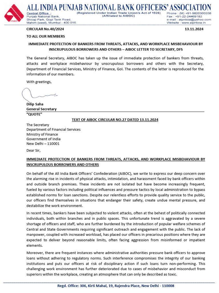 40_2024_IMMEDIATE_PROTECTION_OF_BANKERS_–_AIBOC_LETTER_TO_SECRETARY | PDF | Justice | Crime ...