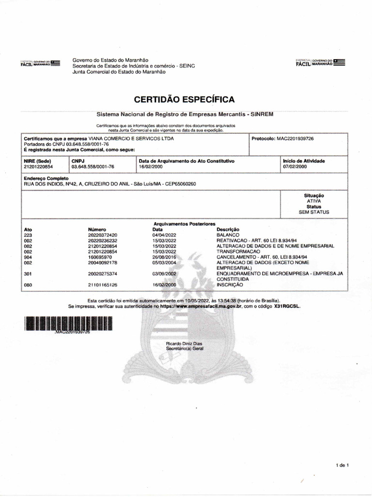 CERTIDAO ESPECIFICA | PDF