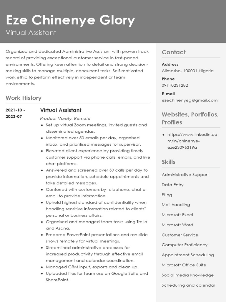 Experienced Virtual Assistant Profile | PDF | Customer Relationship ...