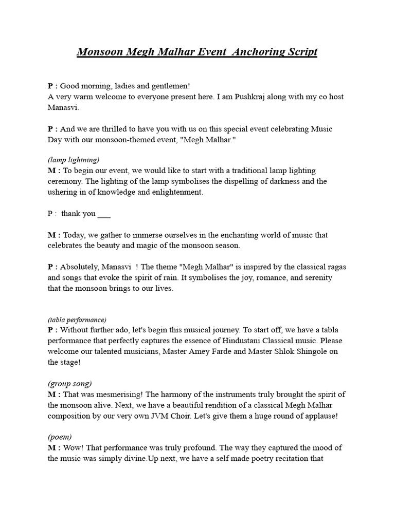 Monsoon Megh Malhar Event Anchoring Script | PDF | Songs | Singing
