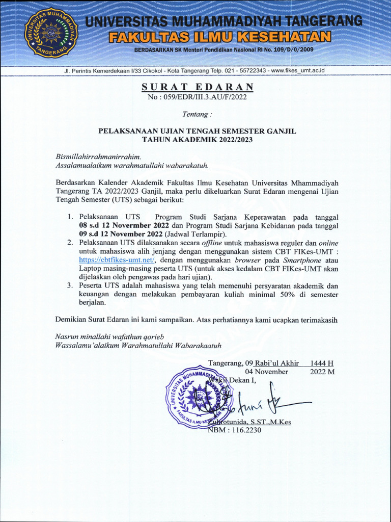 (FIKes-UMT) SURAT EDARAN UJIAN TENGAH SEMESTER TA 2022-1 (MAHASISWA) | PDF