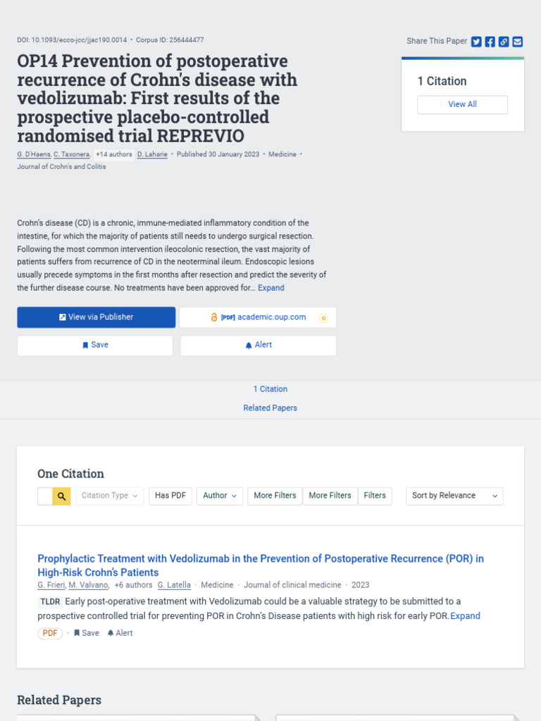 (PDF) OP14 Prevention of Postoperative Recurrence of Crohn's Disease With Vedolizumab - First ...