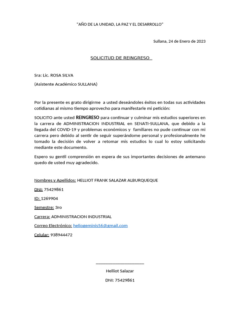 Solicitud de Reingreso | PDF