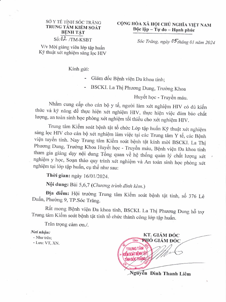 Giây mời Giảng viên lớp TH KTXN HIV | PDF