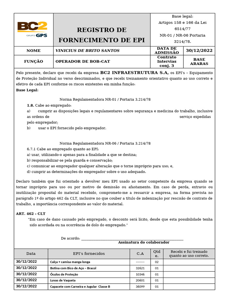 Ficha de EPI - OPERADOR DE BOB CAT - BC2 | PDF