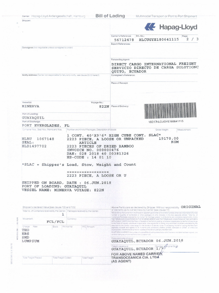 Bill of Lading BL Bambu ANON | PDF | Bill Of Lading | Cargo