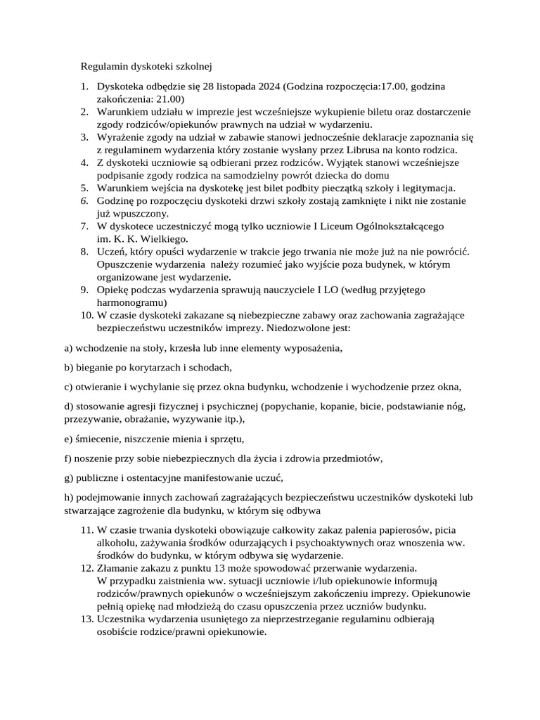 Regulamin Dyskoteki Przykladowy | PDF