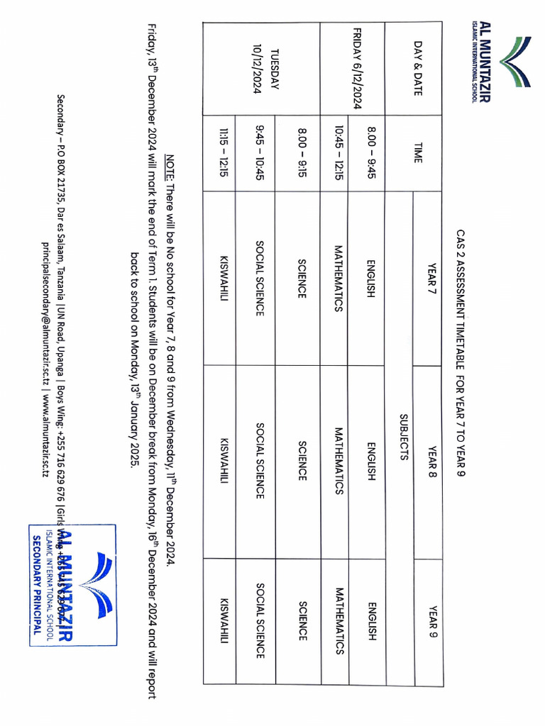 Year 7, 8 & 9 CAS 2 Exam Timetable | PDF