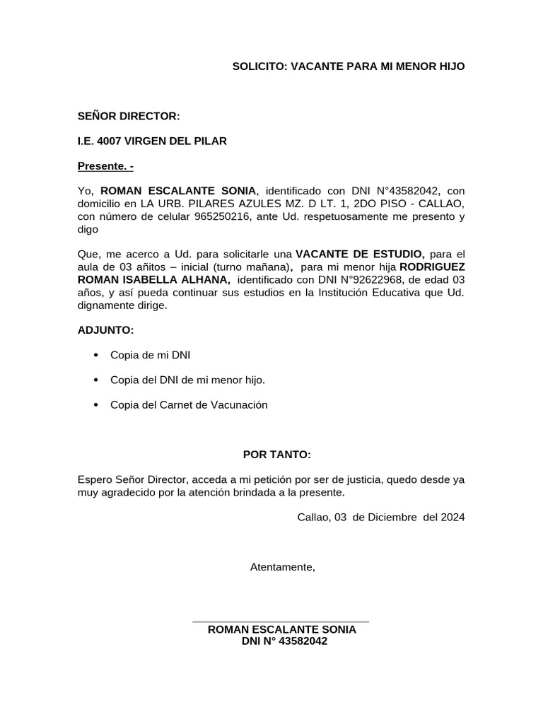 Solicitud Vacante Inicial 3 Años | PDF