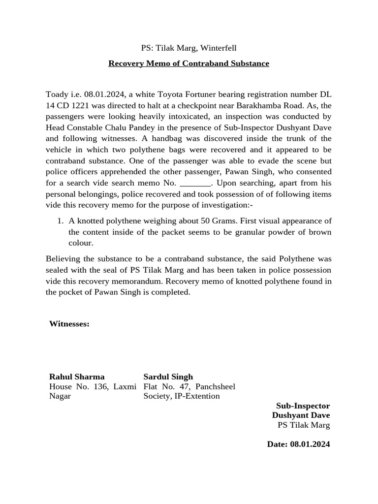 Contraband Recovery Memo - Tilak Marg | PDF