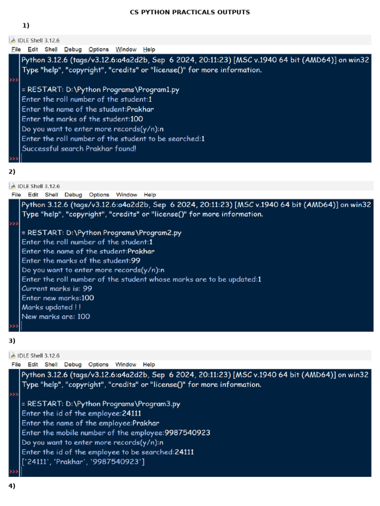 CS Python Practicals Outputs | PDF