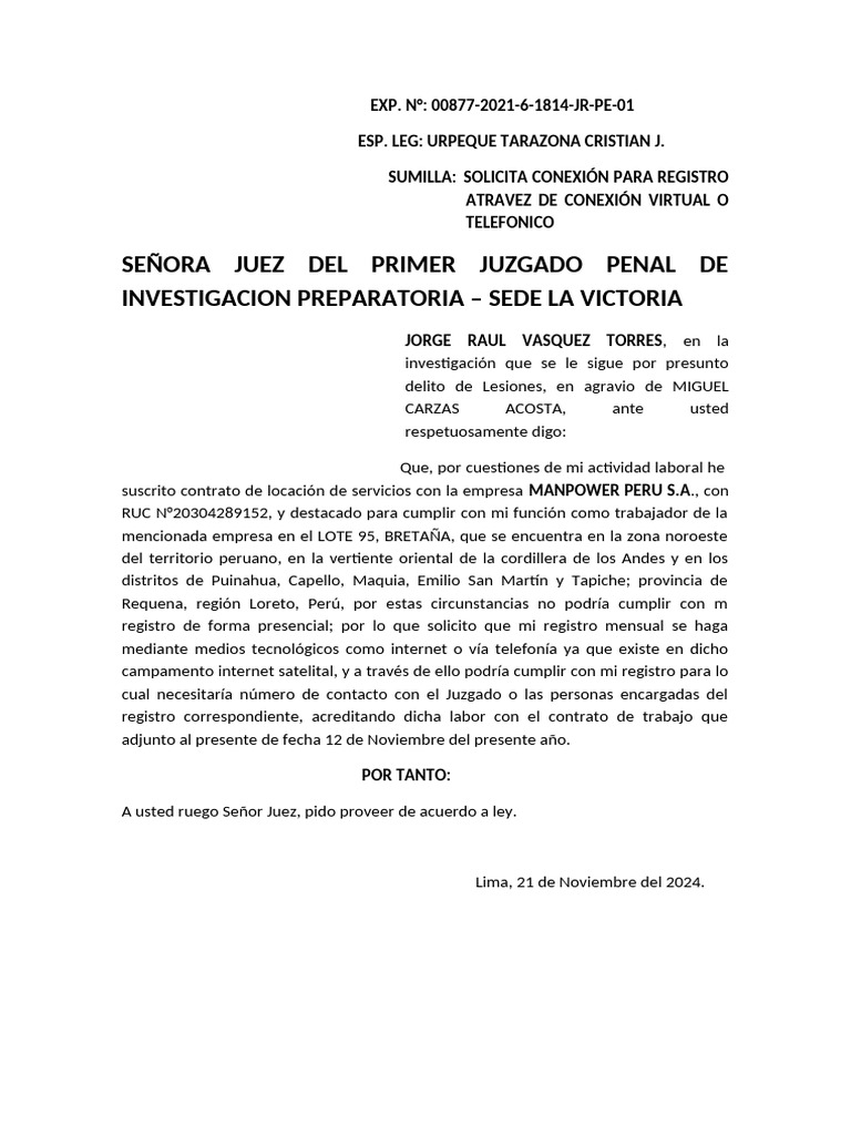 Solicita Conexión para Registro Atravez de Conexión Virtual o Telefonico Raul Vasquez | PDF