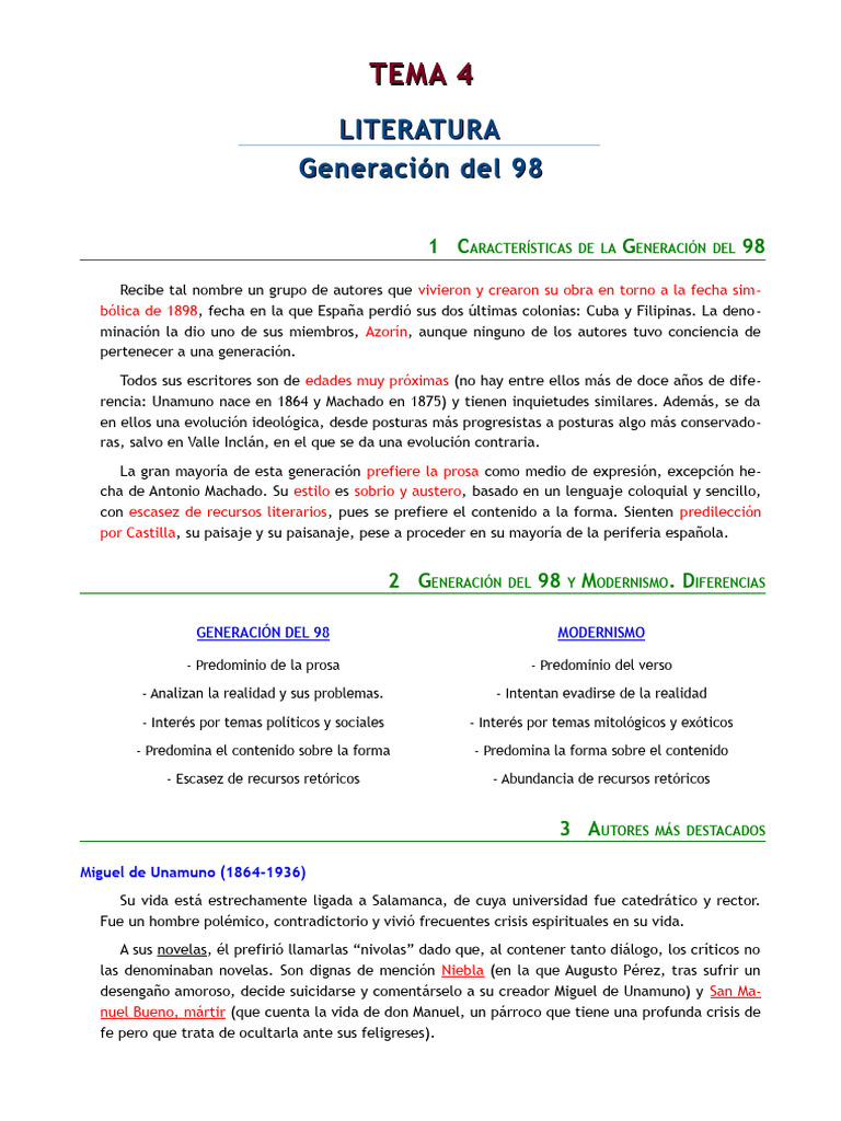 Características de la Generación del 98 | PDF