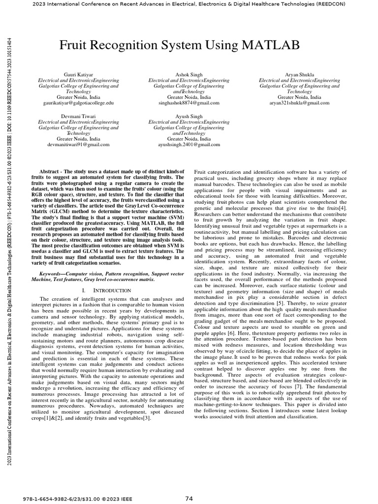Fruit Recognition System Using MATLAB | PDF | Machine Learning | Statistical Classification