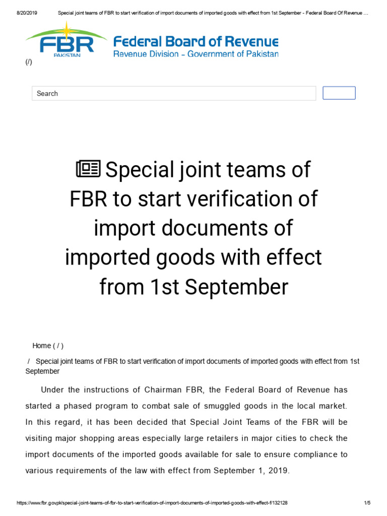 FBR To Start Verification of Import Documents of Imported Goods With ...