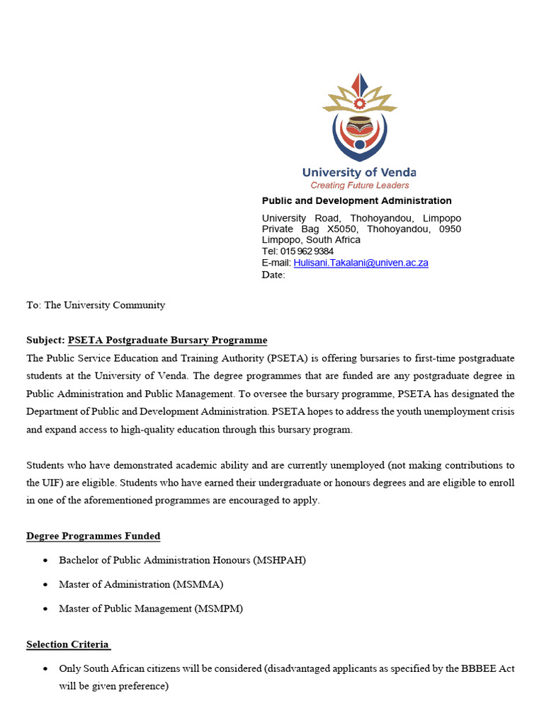 PSETA Bursary Advert 2025 | PDF | Postgraduate Education | Academic Degree