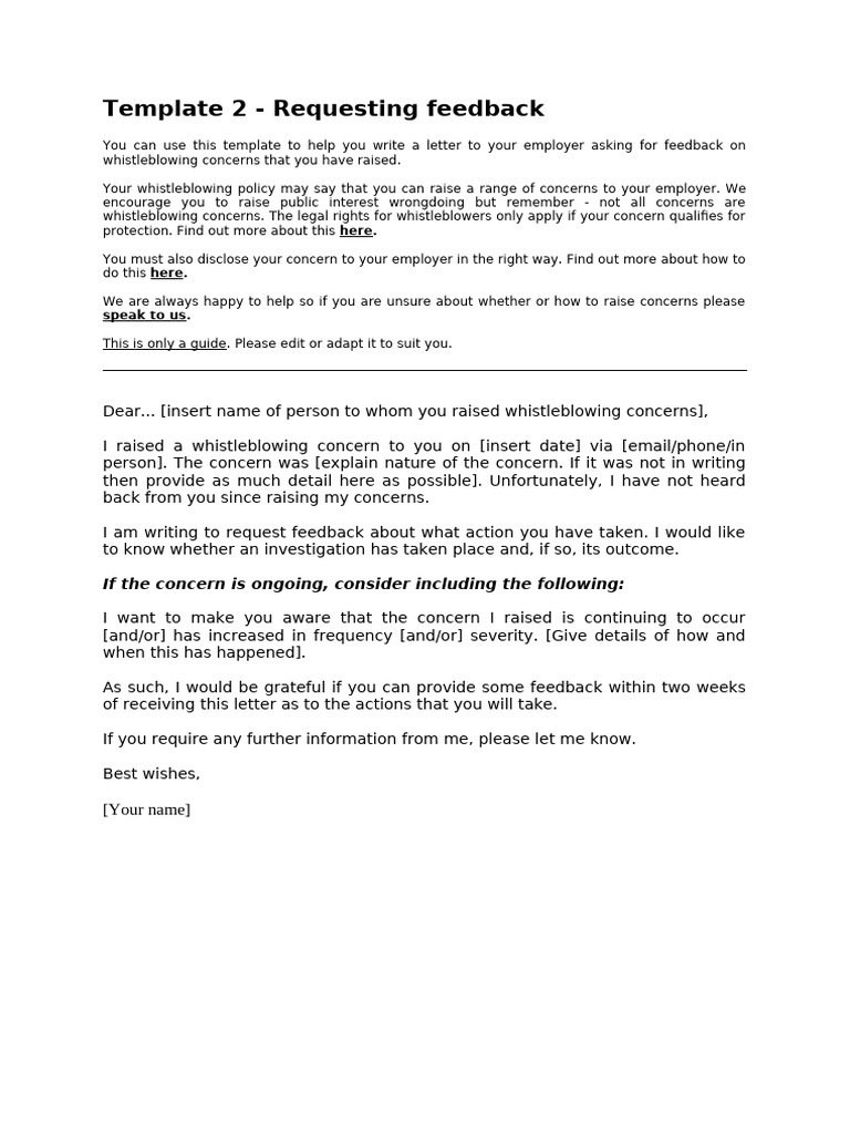 Whistleblowing Feedback Request Template | PDF