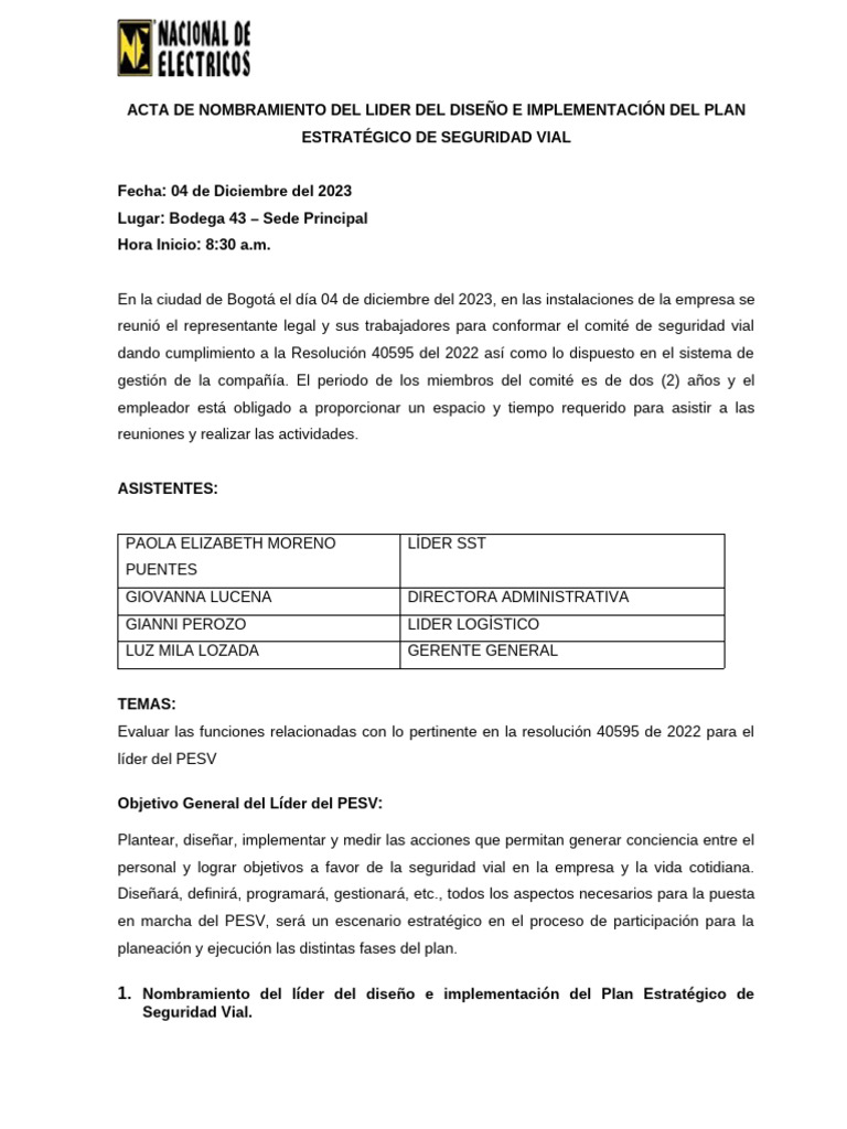 Acta de Nombramiento Lider PESV 2023 | PDF | Planificación | Planificación estratégica