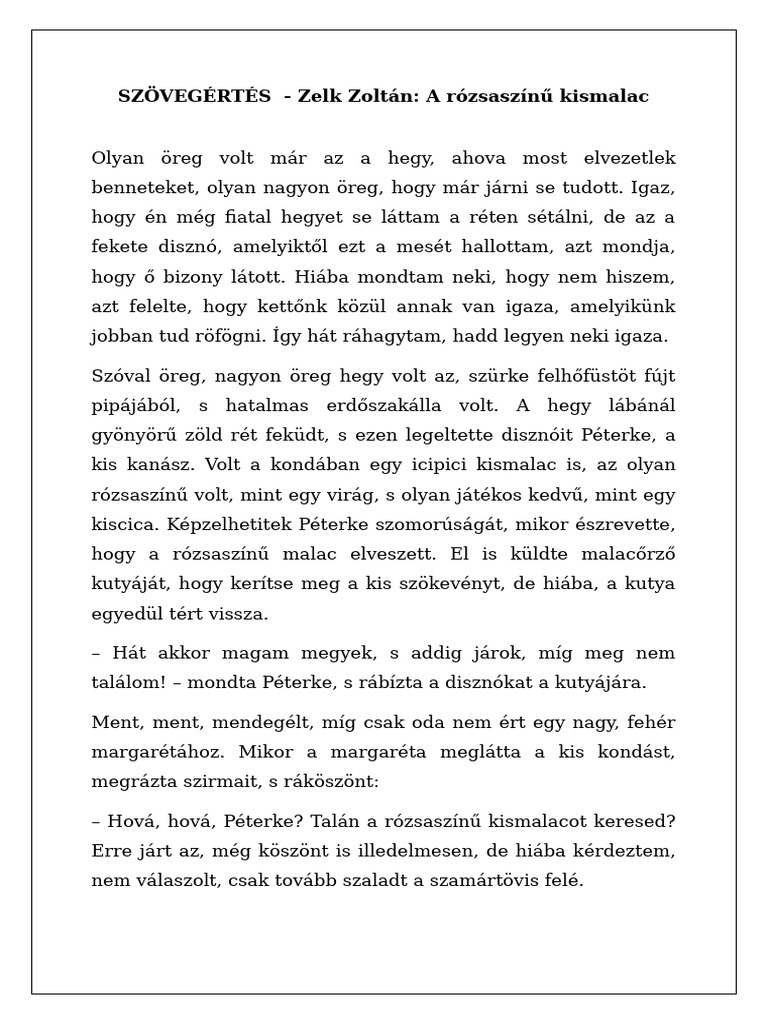 Zelk Zoltán A Rózsaszínű Kismalac Szövegértés | PDF