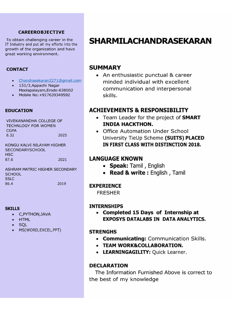 Sharmila C RESUME | PDF