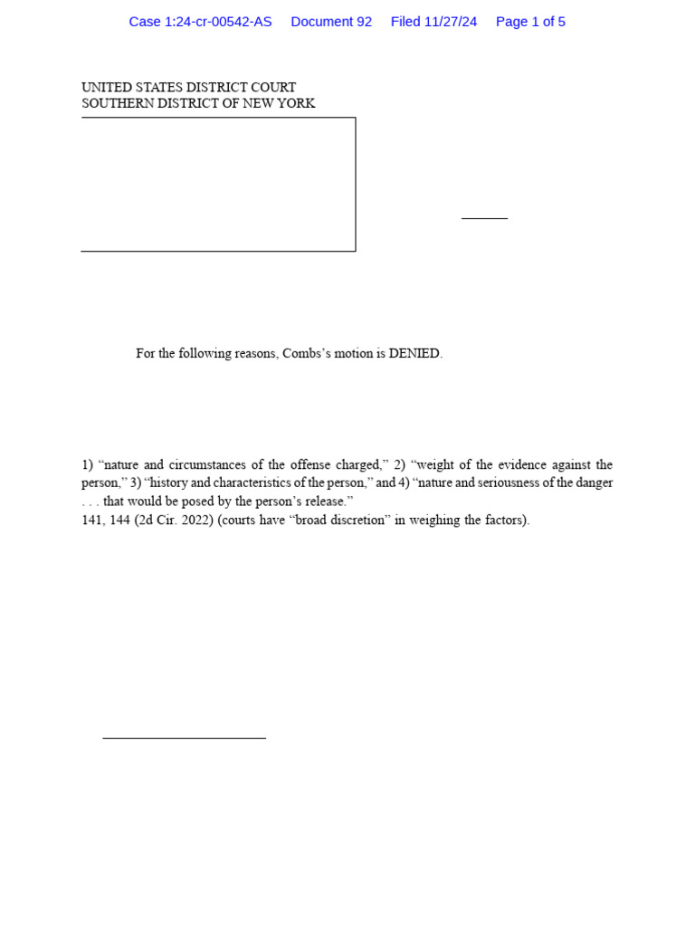 11-27-2024 - Diddy Bail Denied Fourth Time SDNY | PDF | Bail | Title 18 ...