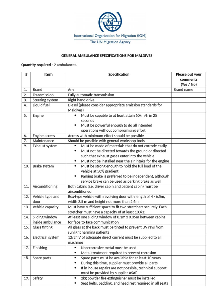 Ambulance Specifications and Equipment List | PDF | Ambulance | Truck