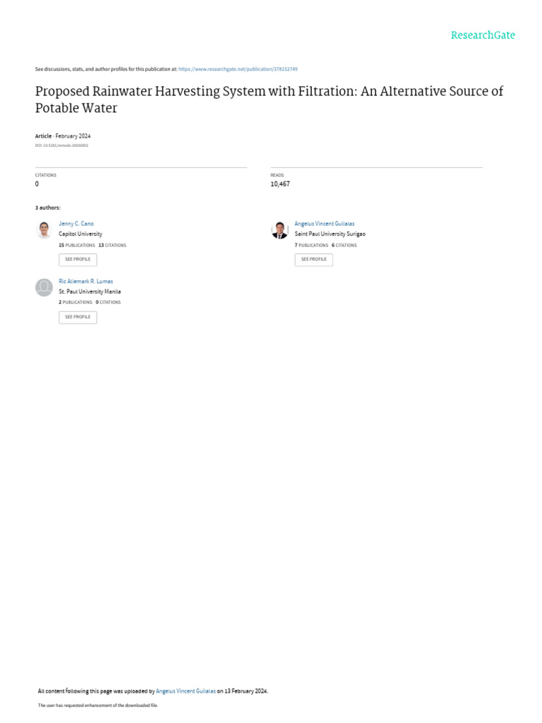 Proposed Rainwater Harvesting Systemwith Filtration An Alternative ...