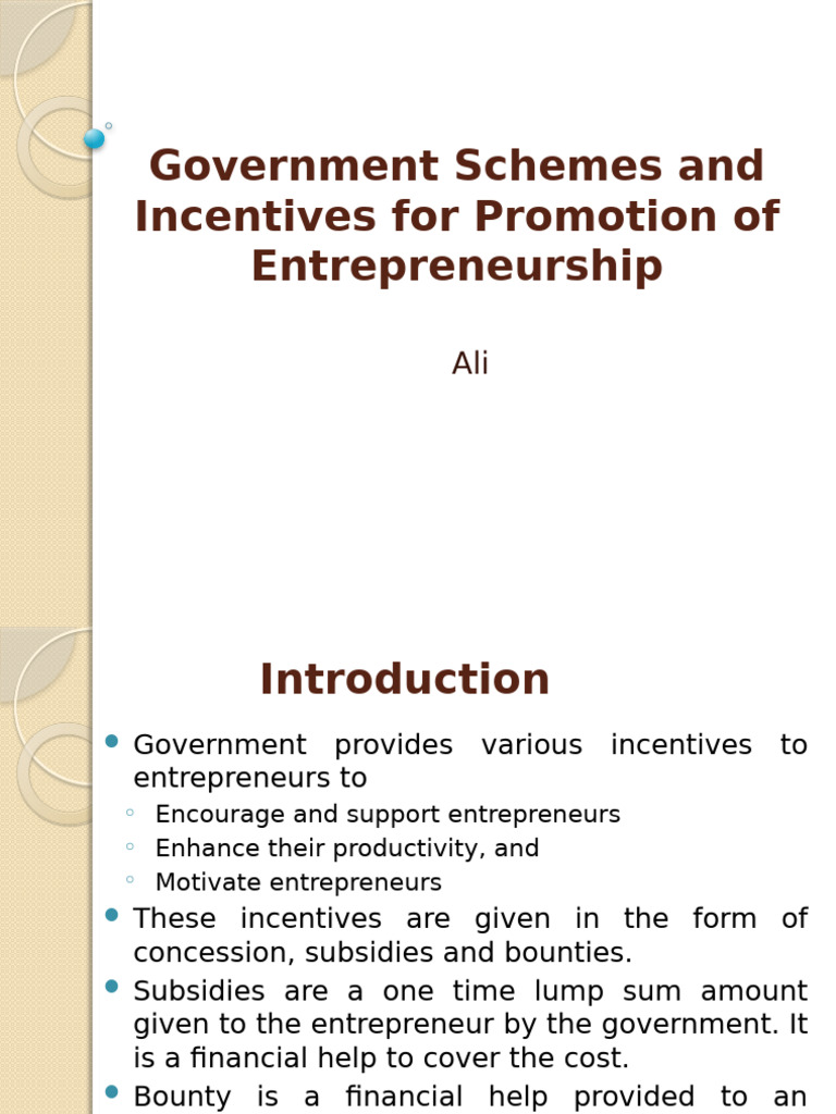 Government Schemes and Incentives For Promotion of Entrepreneurship ...