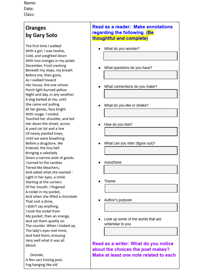 Oranges, by Gary Soto (2024-2025) | PDF | Poetry