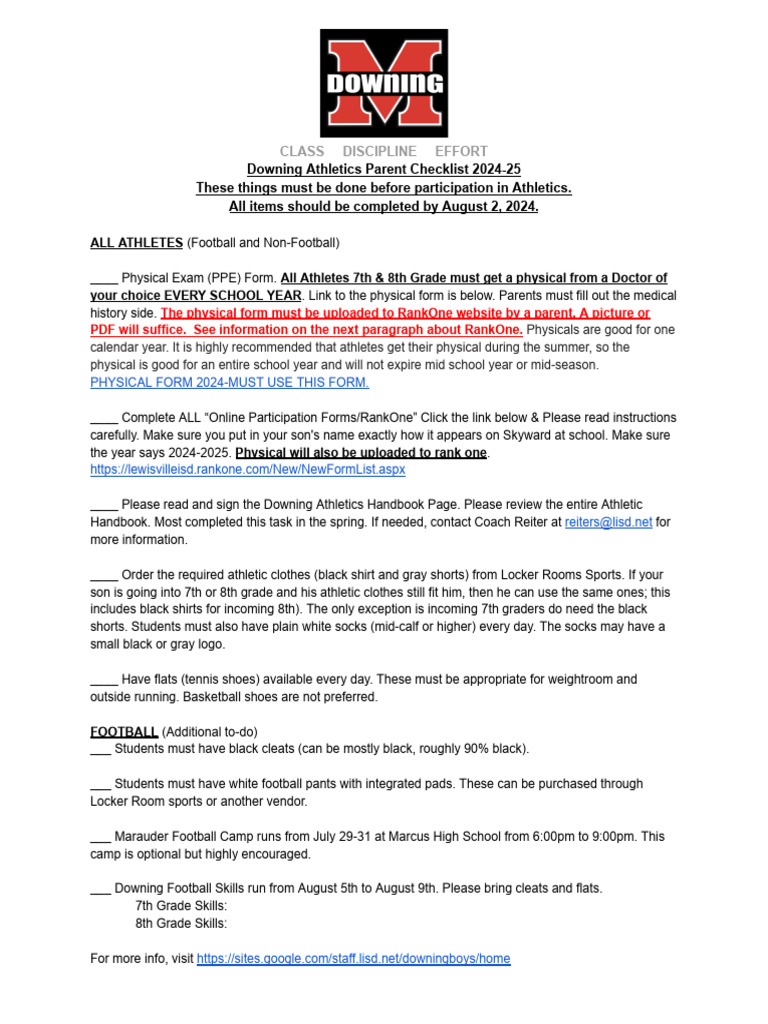 Downing 24-25 Athletics Parent Check List | PDF
