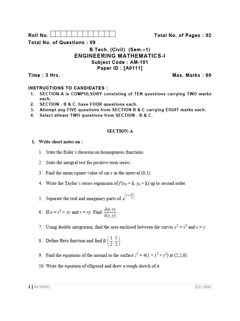 B.Tech Civil Engineering Mathematics I Exam | PDF | Mathematical ...