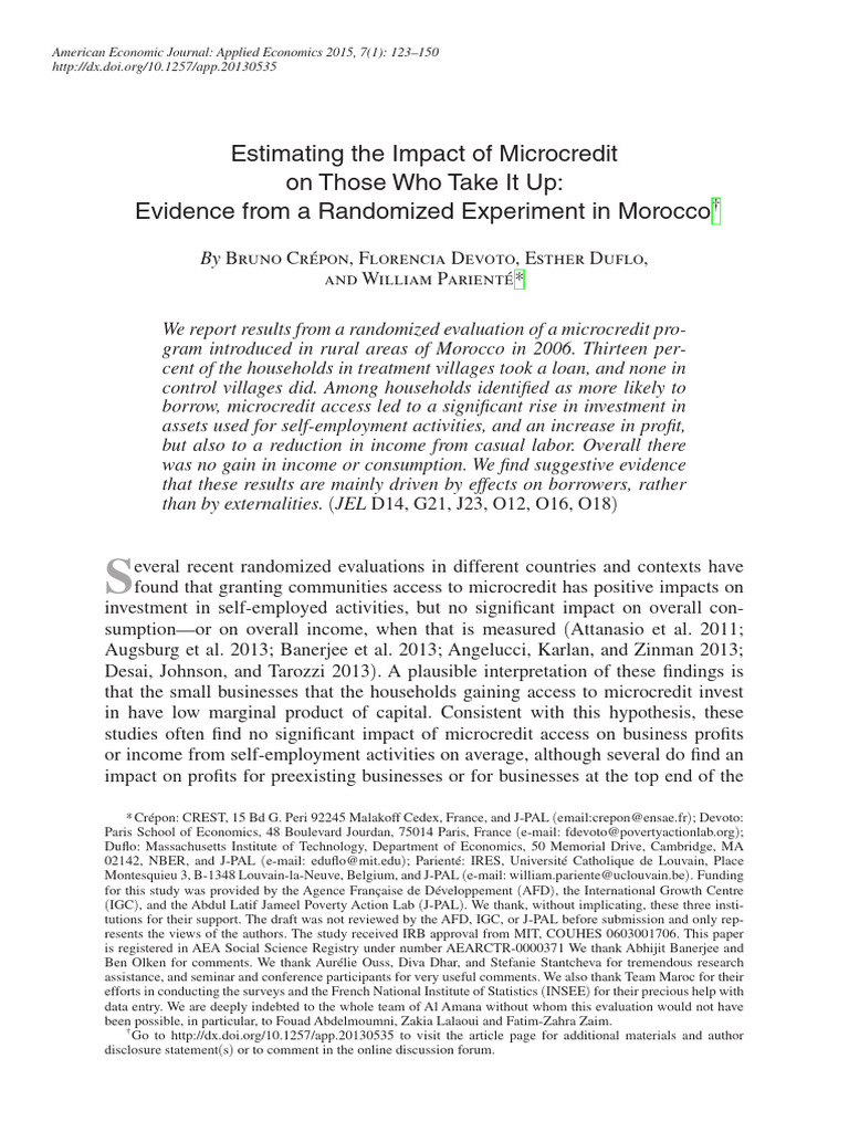 Crépon Et Al 2015 Estimating The Impact of Microcredit On Those Who Take It Up Evidence From A ...