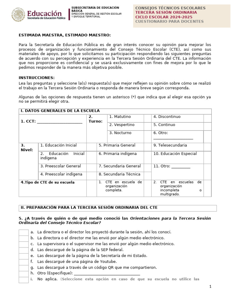 Cuestionario CTE Tercera Sesión 2024-2025 | PDF | Educación de la ...