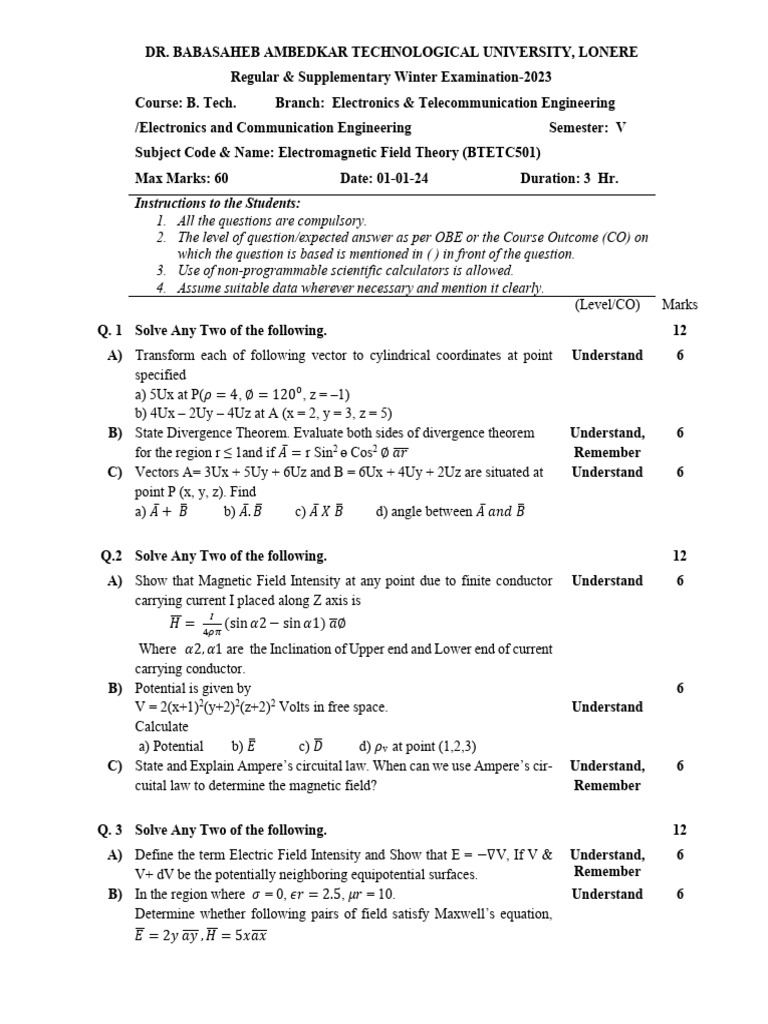 Electromagnetic Field Theory Exam 2023 Pdf Waves Transmission Line