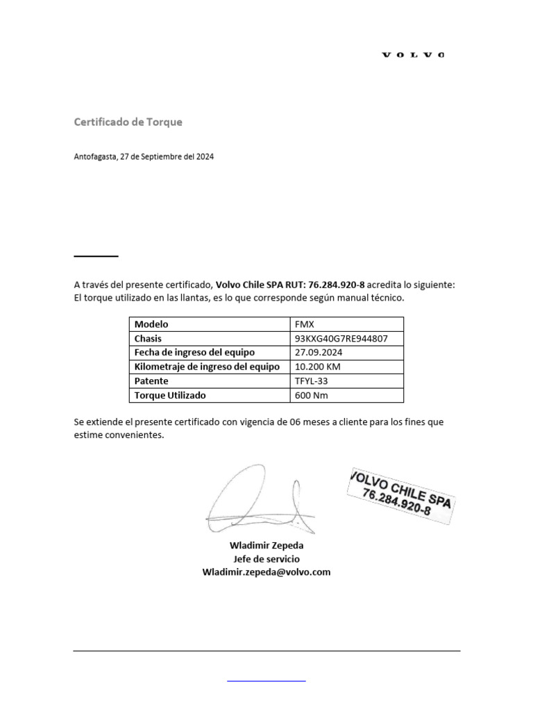 Certificado Torque Rueda Tfyl-33 | PDF