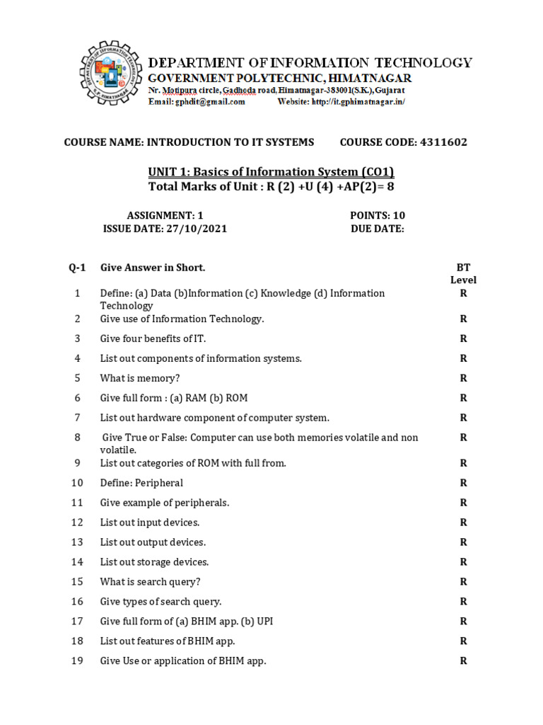 IIS_ASSIGNMENT 1_UNIT 1_2021_22 | PDF | Computer Data Storage | Information