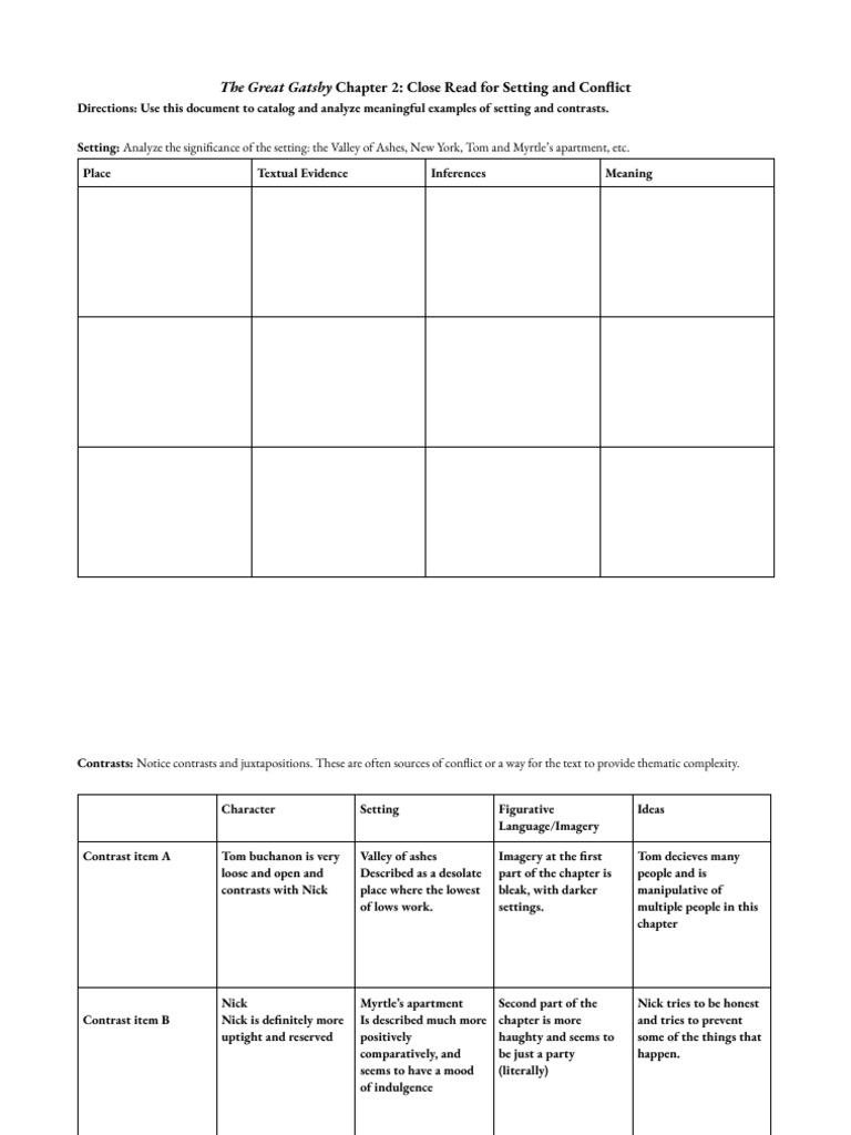 The Great Gatsby Chapter 2 - Close Read For Setting and Conflict | PDF