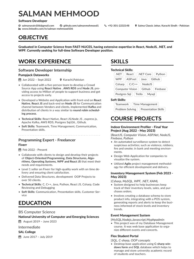 Salman Mehmood's Resume-1 | PDF | Databases | Object Oriented Programming