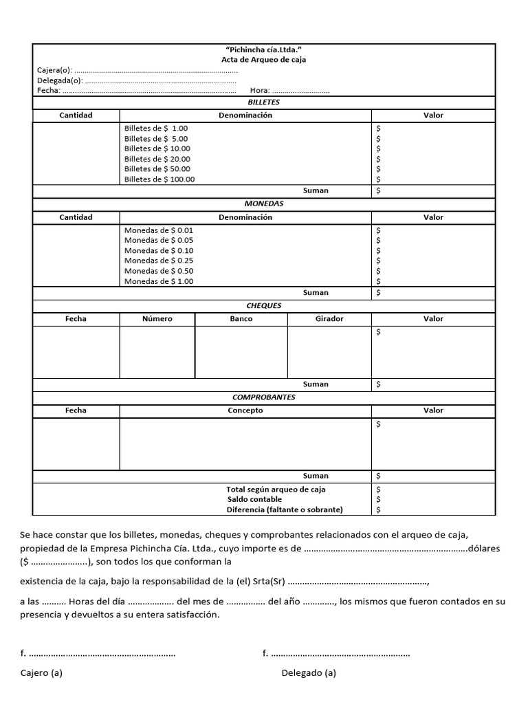 Acta de Arqueo de Caja Pichincha Cía. | PDF | Economias | Moneda