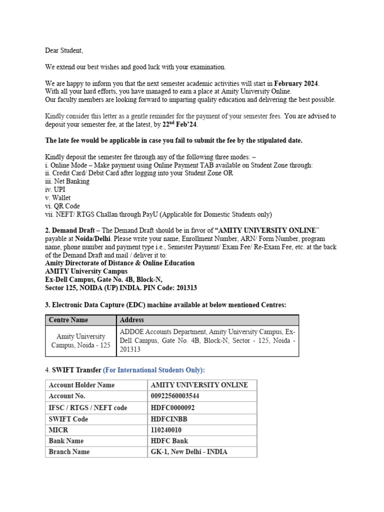 Fee Notification - Jan'24 | PDF | Payments | Banking
